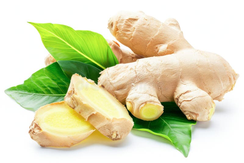 Fresh Ginger Root with Green Leaves on a White Background Stock Image ...