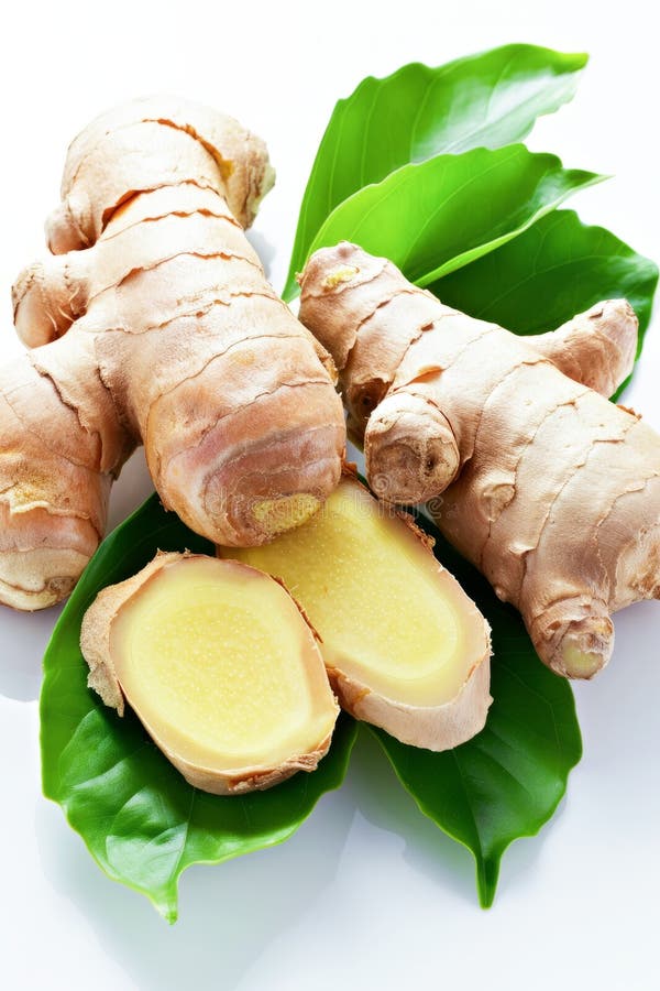Fresh Ginger Root with Green Leaves on a White Background Stock Photo ...