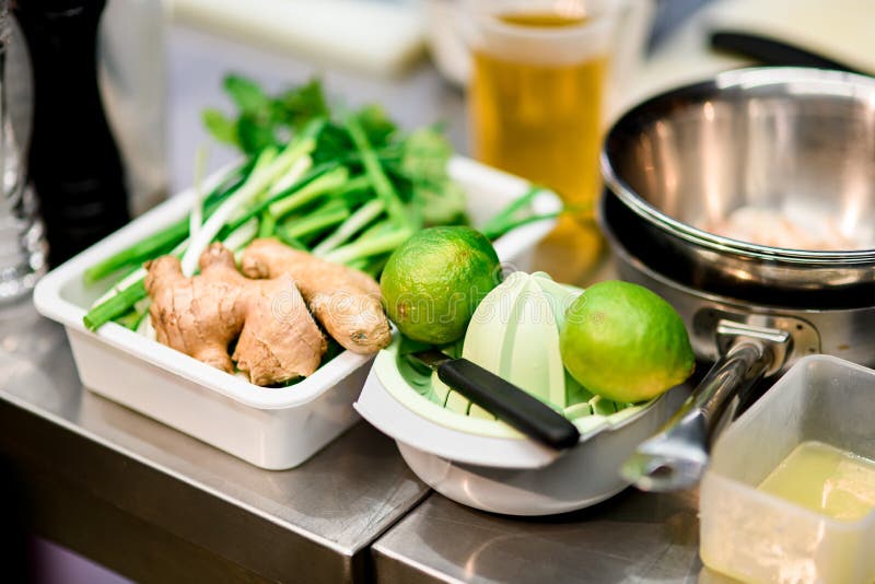 Fresh Ginger Root and Lime Lie on the Table Stock Photo - Image of food ...