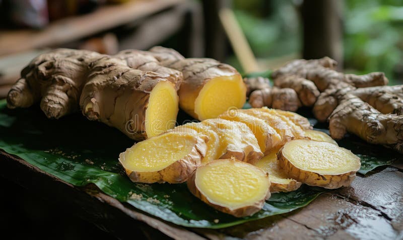 Fresh Ginger Root Sliced on Banana Leaf Showcasing Vibrant Yellow ...