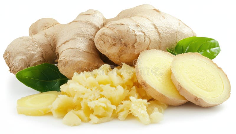 Fresh Ginger Root with Sliced and Grated Pieces on a White Background ... Fresh Ginger Root with Sliced and Grated Pieces on a White Background ...