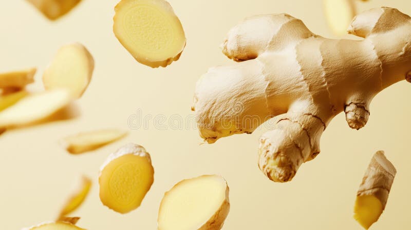 Fresh Ginger Root with Sliced Pieces Floating Against a Soft Yellow ...