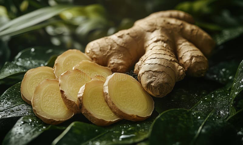 Fresh Ginger Root with Sliced Pieces on Green Leaves Showcasing Natural ...