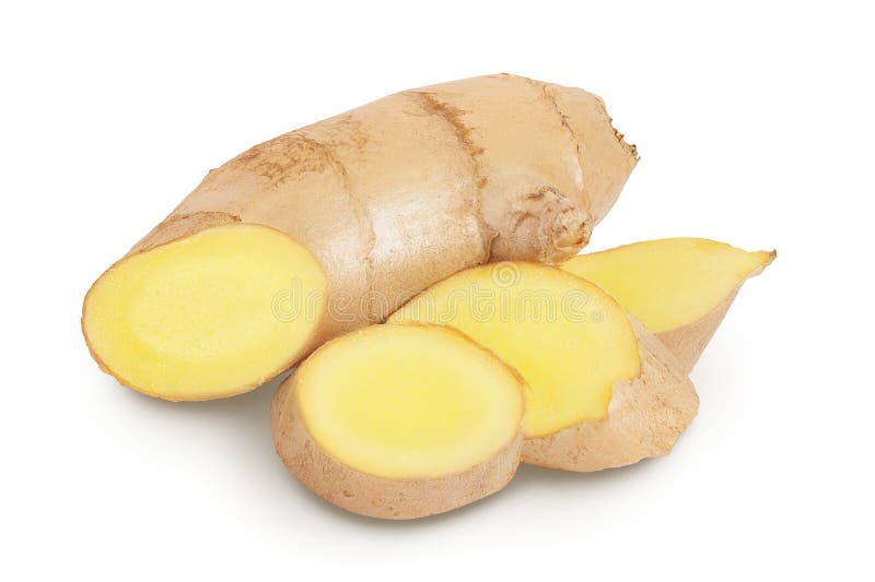 Fresh Ginger Root and Slices in Wooden Bowl Isolated on White ...