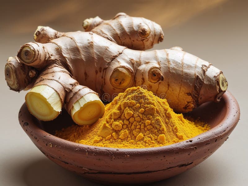 Fresh Ginger Root and Turmeric Powder in Clay Bowl Stock Illustration ...