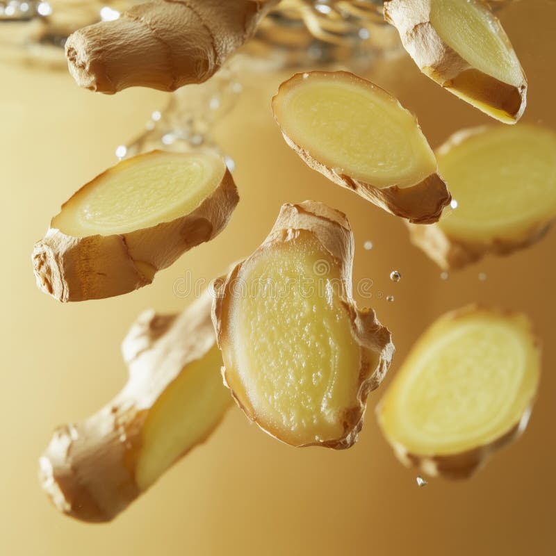 Fresh Ginger Slices Floating in Water with Bubbles on a Golden ...