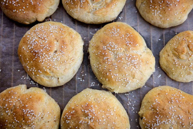 Fresh Golden Buns Bread with Sesame, Top View Stock Image - Image of ...