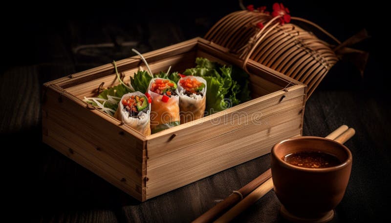 Fresh Gourmet Dim Sum Steamed in Organic Bamboo Container Generated by ...