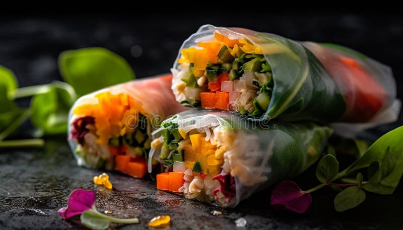 Fresh Gourmet Spring Roll with Multi Colored Vegetables and Seafood ...