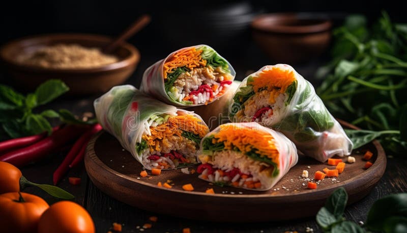 Fresh Gourmet Spring Roll with Pork, Vegetables, and Cilantro Sauce ...