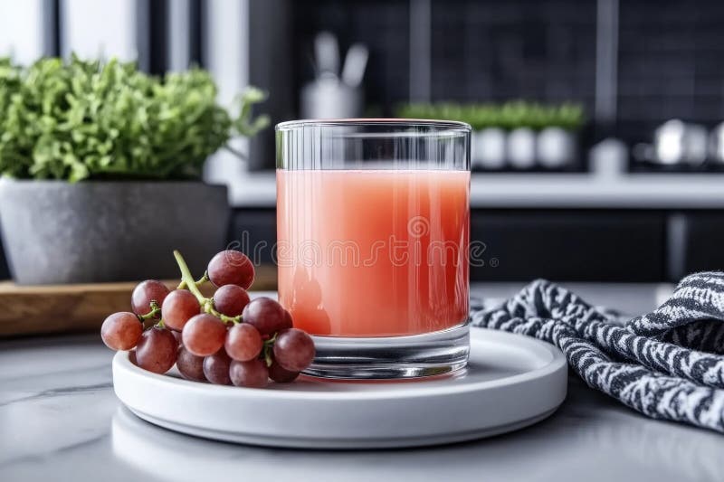 Fresh Grape Juice in Glass with Red Grapes on Modern Kitchen Counter ...