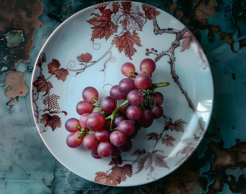 Fresh Grapes on Artistic Ceramic Plate with Leaf Patterns Stock Photo ...