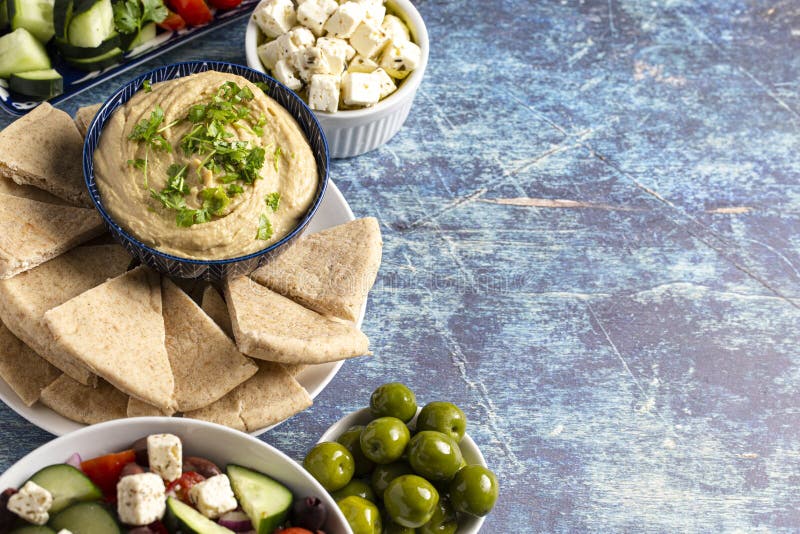 Fresh Greek Food on a Rustic Wooden Background Stock Image - Image of ...