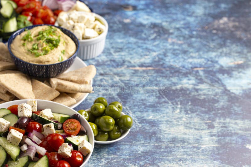 Fresh Greek Food on a Rustic Wooden Background Stock Photo - Image of ...