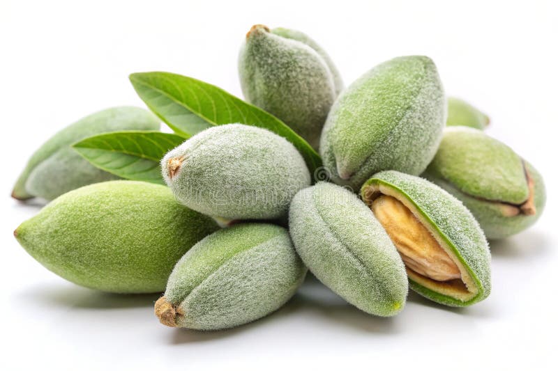 Fresh Green Almonds with Soft Outer Shell on White Background Stock ...