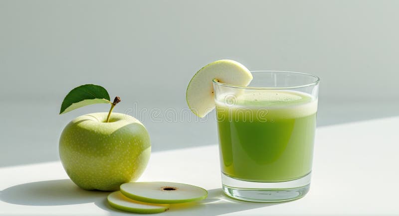 Fresh Green Apple Juice in a Glass with Whole and Sliced Apples Stock ...
