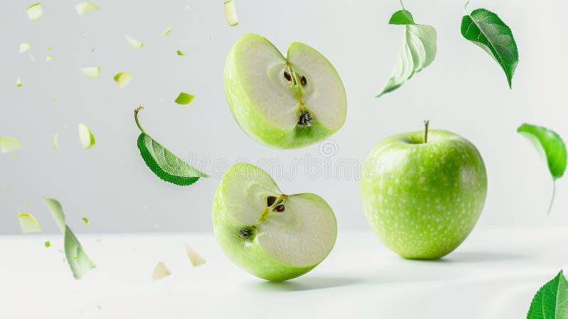 Fresh Green Apple with Leaf and Slice Flying in the Air, on White ...