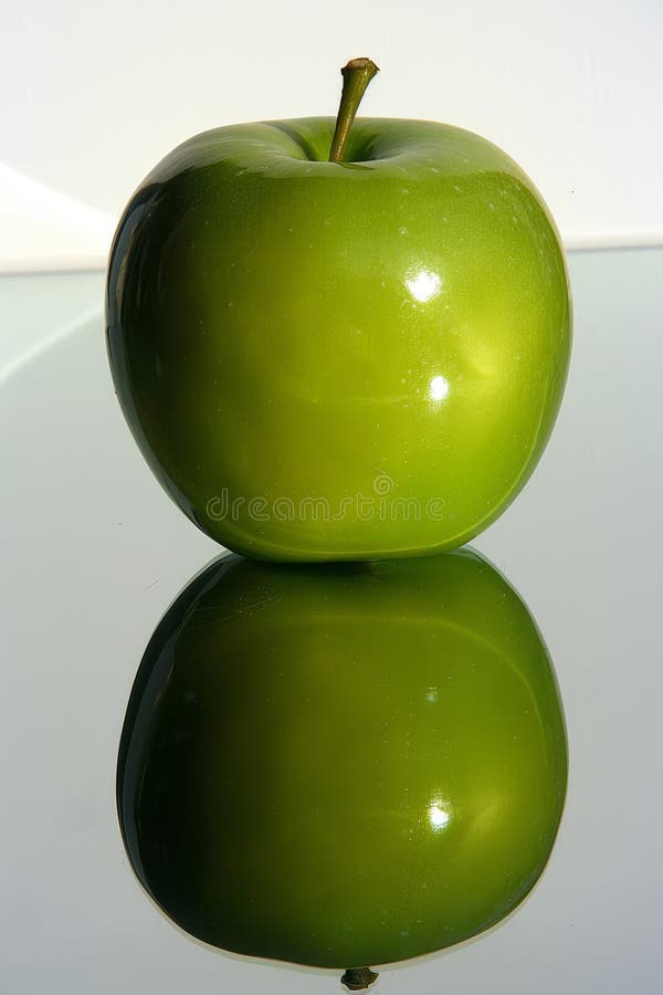 A Fresh Green Apple with a Perfect Mirror Reflection on a Glass Surface ...