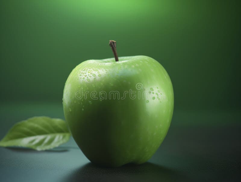 Fresh Green Apple and Single Leaf on Green Background, Ai-generated ...
