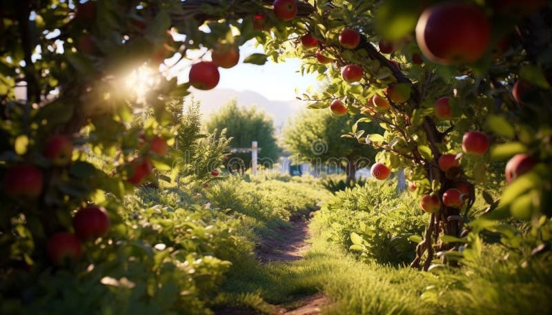 Fresh Green Apple Tree in a Beautiful Rural Orchard Landscape Generated ...
