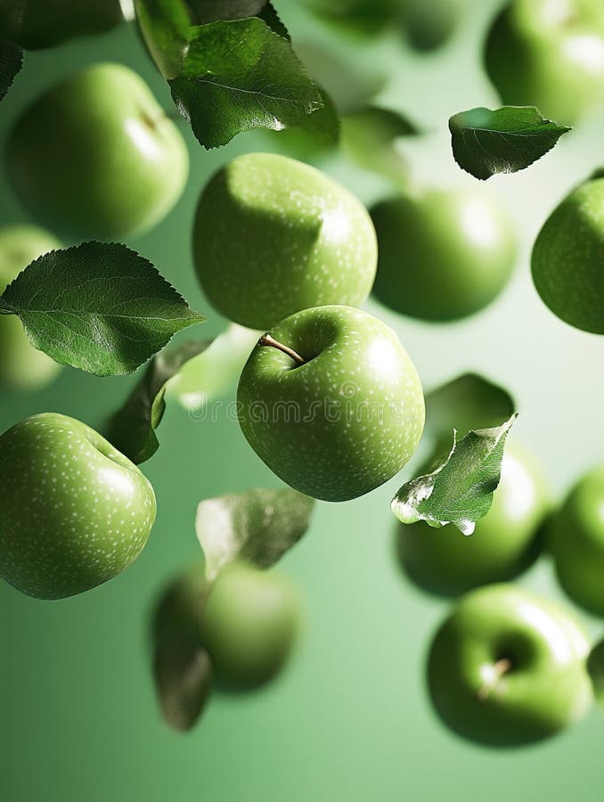 Fresh Green Apples with Leaves Flying in Mid-Air on a Gradient Background Stock Illustration ...