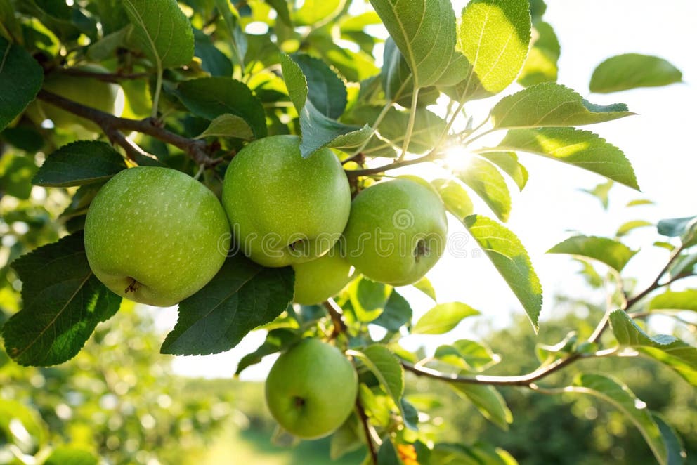Fresh Green Apples on Tree in Sunlight Stock Illustration ...