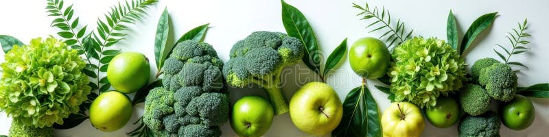 Fresh Green Array: Broccoli, Apples, and Hydrangeas with Lush Leaves ...