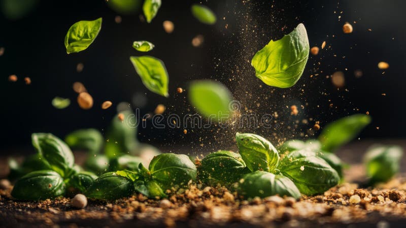 Fresh Green Basil Leaves Falling on Dark Background Stock Illustration ...