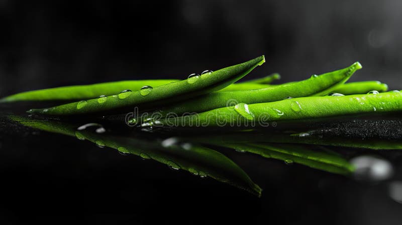 Fresh Green Beans with Water Droplets on Dark Reflective Surface Stock ...