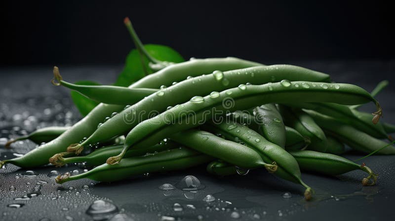Fresh Green Beans with Water Drops on Black Table, Closeup View Stock ...