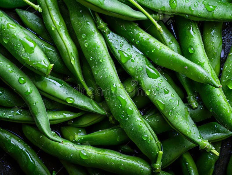 Fresh Green Beans with Water Drops on Dark Background. Top View Stock ...