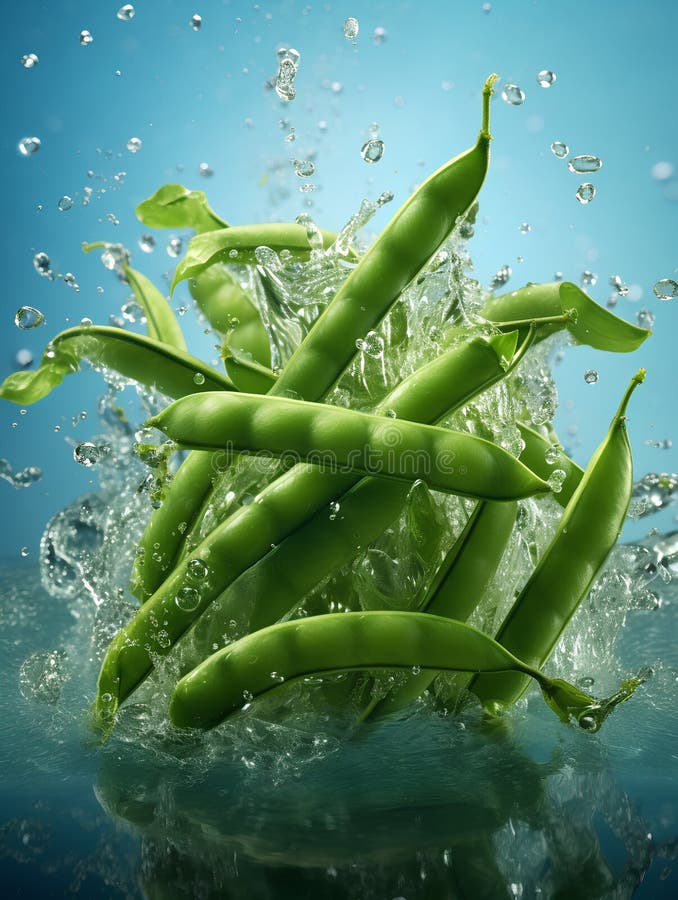 Fresh Green Beans with Water Splash on Blue Background. 3d Rendering ...