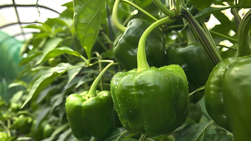 Fresh Green Bell Peppers Growing in a Greenhouse Stock Illustration ...