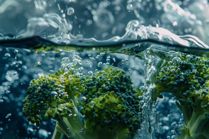 Fresh Green Broccoli Florets Submerged in Water with Bubbles Stock ...