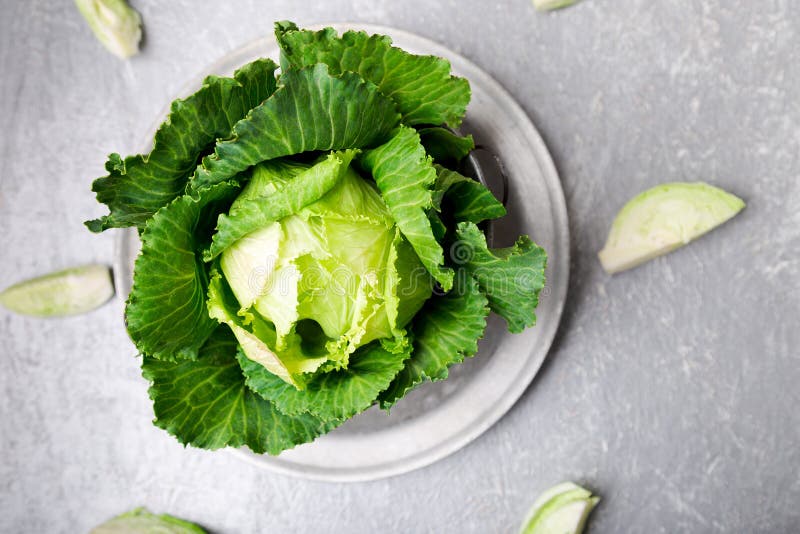 Fresh Green Cabbage in Metal Plate on Grey Background. Top View. Copy ...
