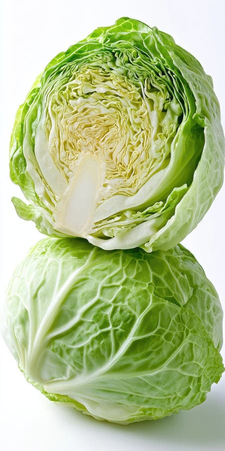 Fresh Green Cabbages, Whole and Cut Stock Illustration - Illustration ...