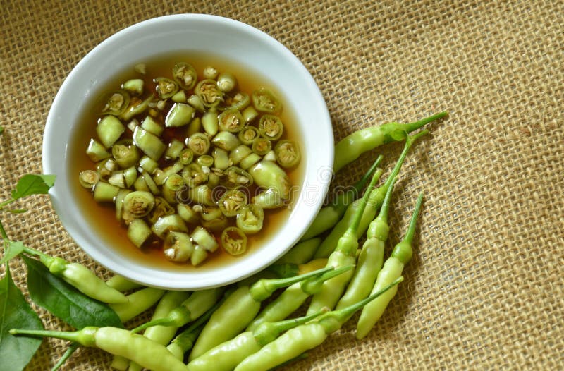 Fresh Green Chili Chop and Mixed in Fish Sauce on Cup Stock Photo ...