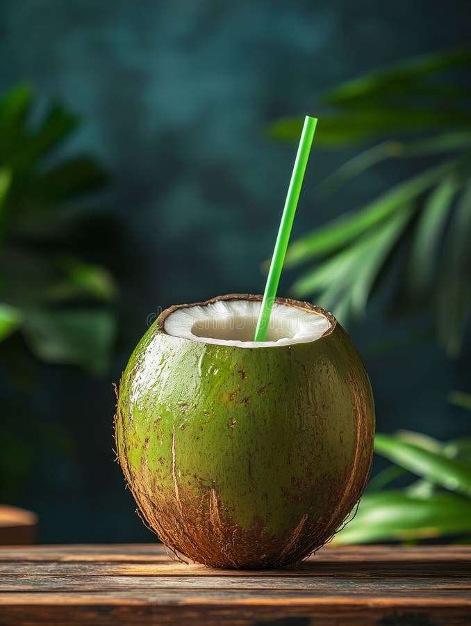 Fresh Green Coconut with Straw on a Wooden Table. Stock Photo - Image ...