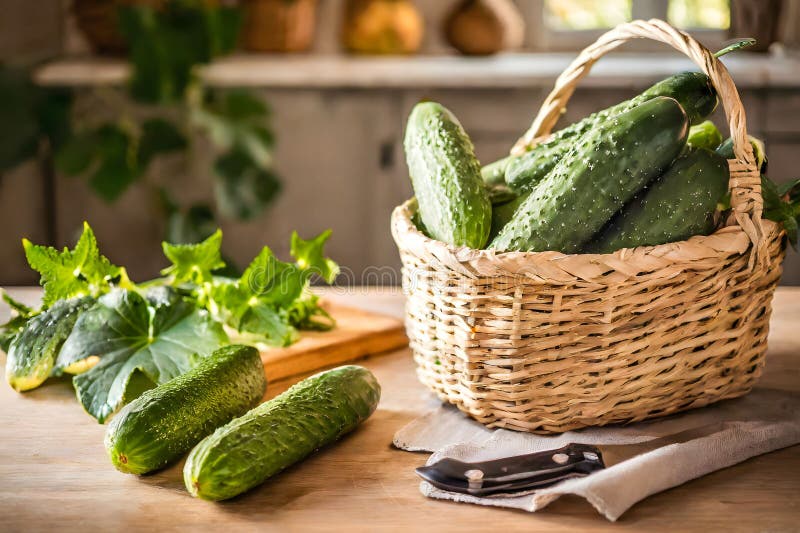 Fresh Green Cucumbers on Rustic Kitchen Counter Ready for Preparation ...
