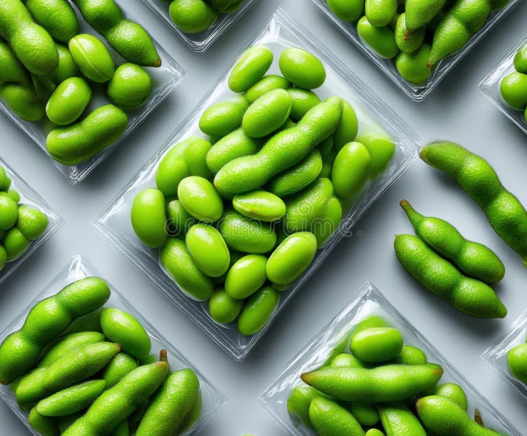 Fresh Green Edamame Beans in Clear Plastic Packaging Arranged on Light ...