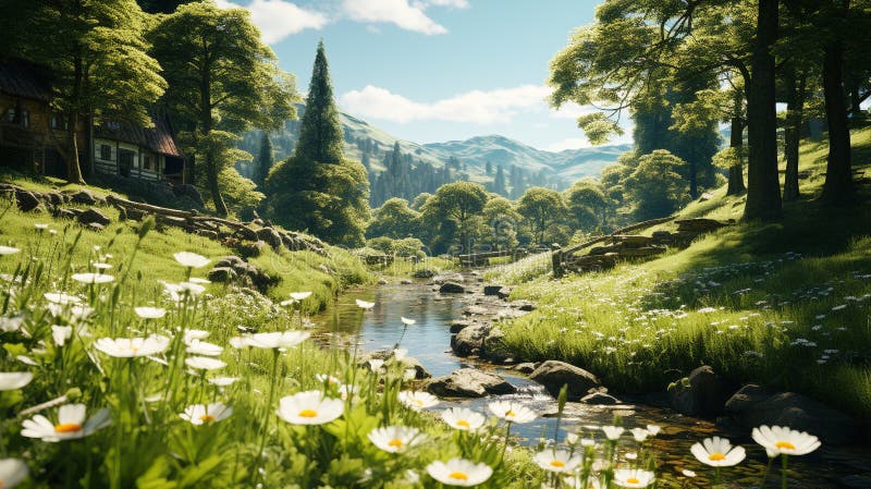 Fresh Green Forest Landscape with Blooming Flowers and Tree Growth ...