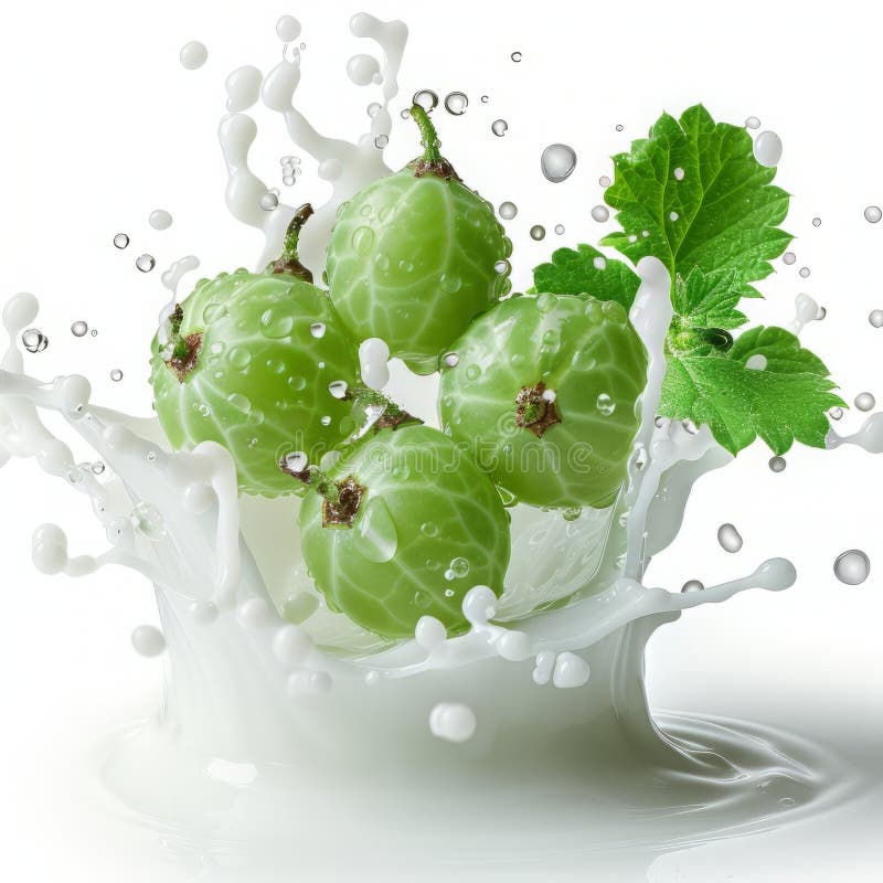 Fresh Green Gooseberries Splash into a Pool of Milk, Creating a Dynamic ...