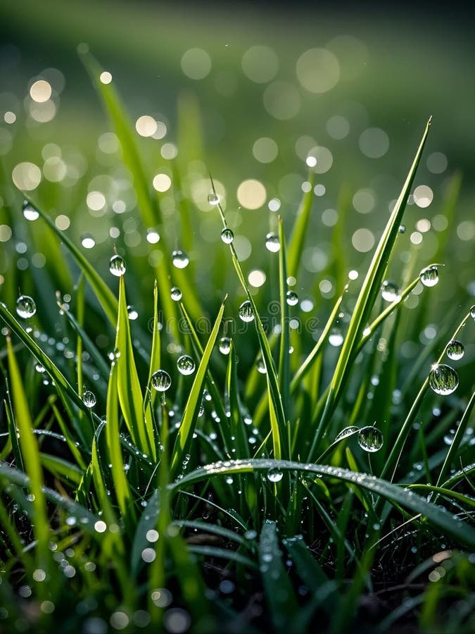 Fresh Green Grass with Dew Drops and Small Cobweb Stock Illustration ...