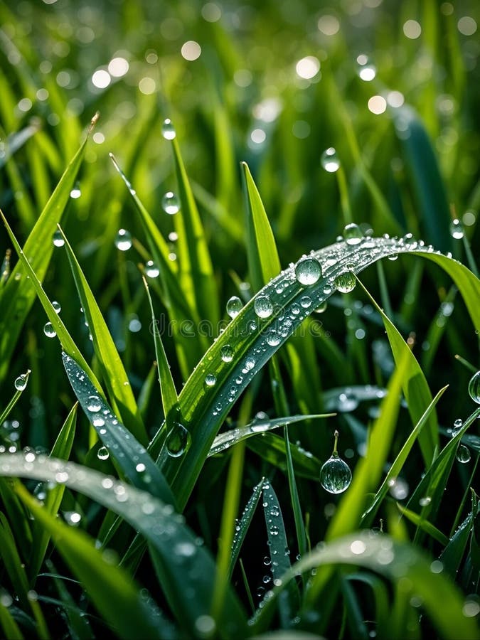 Fresh Green Grass with Dew Drops and Small Cobweb Stock Illustration ...