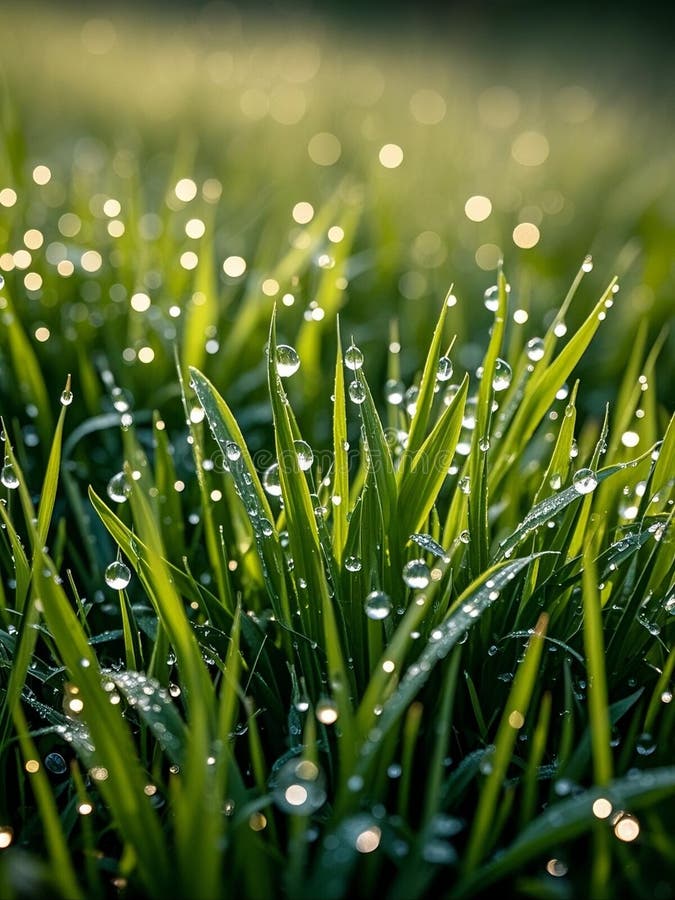 Fresh Green Grass with Dew Drops and Small Cobweb Stock Illustration ...
