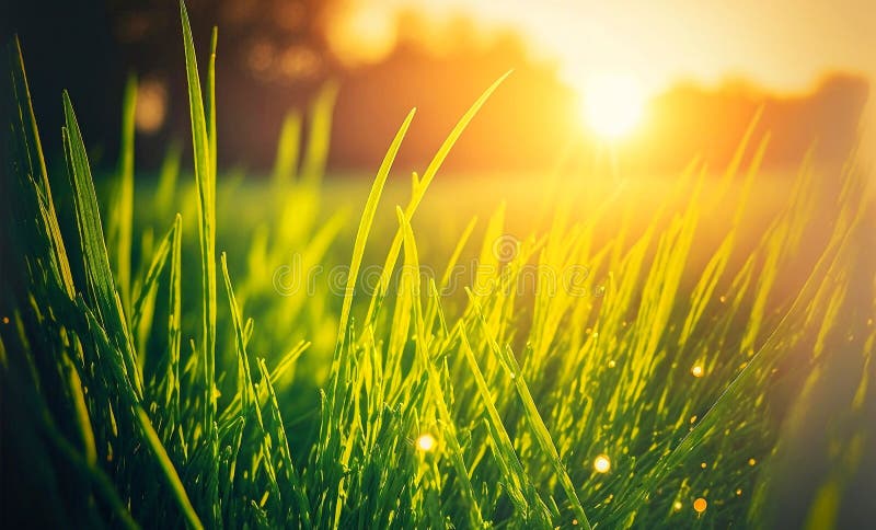 Fresh Green Grass Illuminated of Sun Rays during Sunset Stock ...