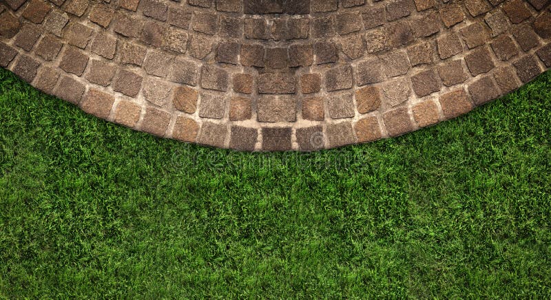 Fresh Green Grass and Stone Tiles Outdoors, Top View. Banner Design ...