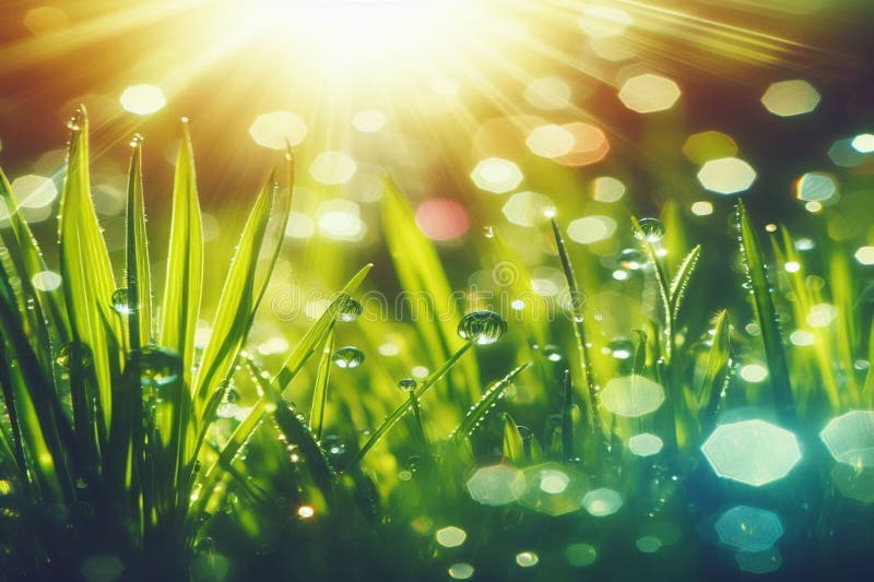 Fresh Green Grass with Water Droplet in Sunshine Stock Illustration ...