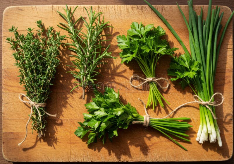 Fresh Green Herb Bundles on Wooden Board Stock Illustration ...