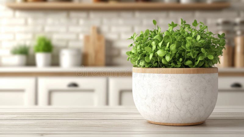Fresh Green Herb Plant in Textured Ceramic Pot on Kitchen Countertop ...
